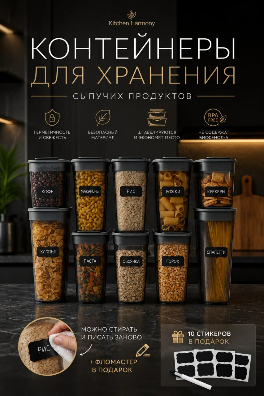Контейнеры для сыпучих продуктов 10 шт, банки для хранения круп с крышкой Набор пищевых ёмкостей для муки, сахара и кофе