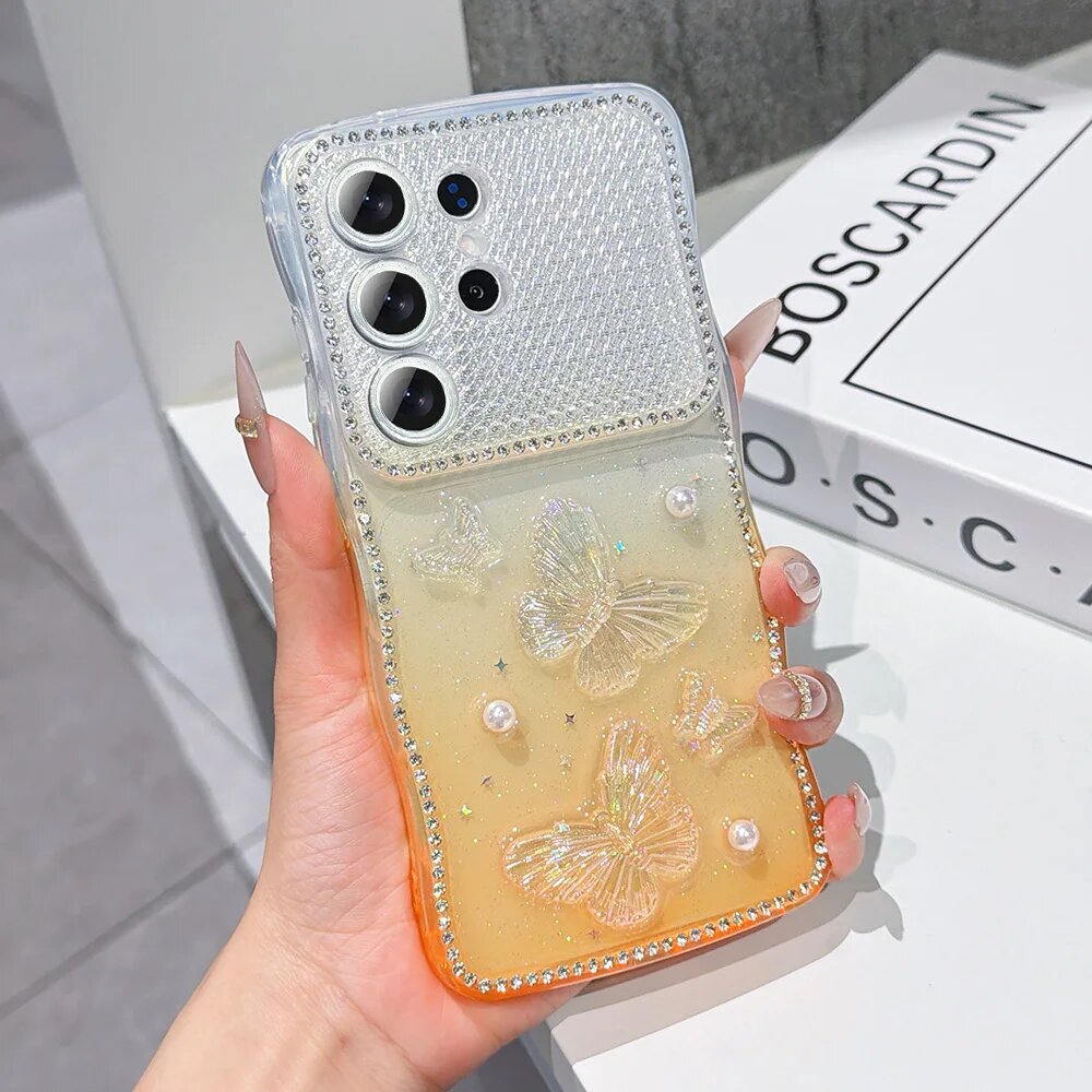 Чехол для Samsung Galaxy S24 Ultra, оранжевый градиент, бабочки, блестки