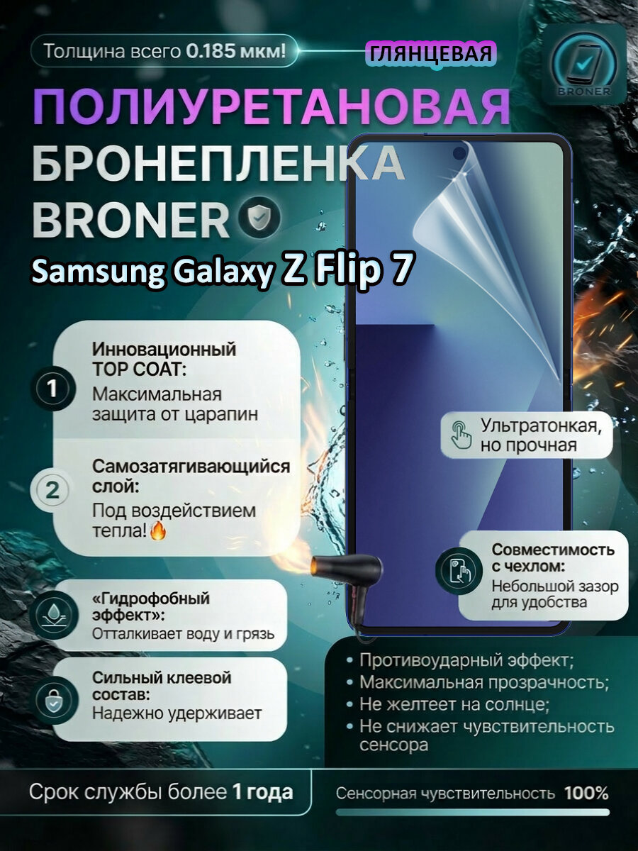 Полиуретановая бронепленка для Samsung Galaxy Z Flip 7 / Защитная плёнка на экран, совместима с чехлом, с вырезом под камеру / Глянцевая