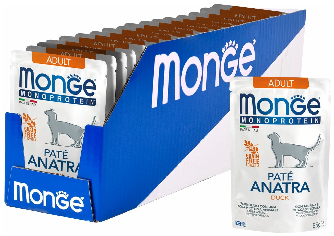 Влажный корм для кошек Monge Monoprotein, беззерновой, с уткой 28 шт. х 85 г (паштет)