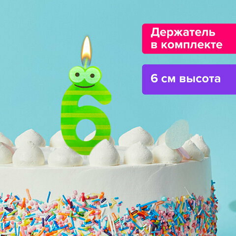 Свеча-цифра для торта "6" "С глазками", 6 см, золотая сказка, с держателем, в блистере, 591409
