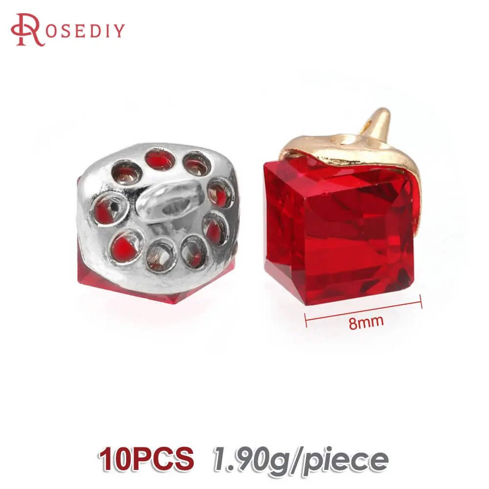 Подвески-серьги Rosediy золотистого цвета с стеклянным кубом 8x8 Красный, Metal-Rhodium Color, Red