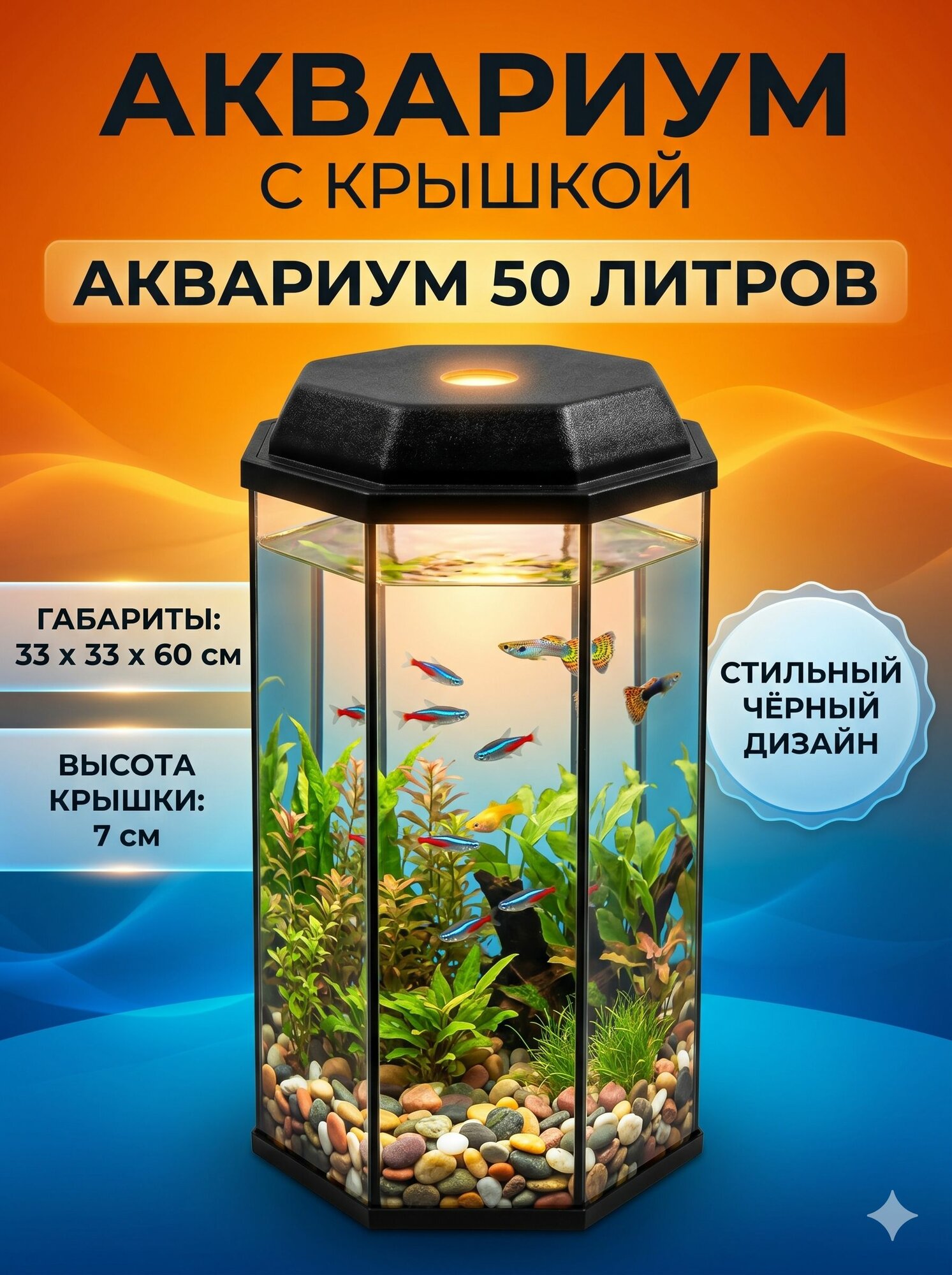Аквариум для рыбок с крышкой, 50 литров, 33х33х60/67 см, чёрный