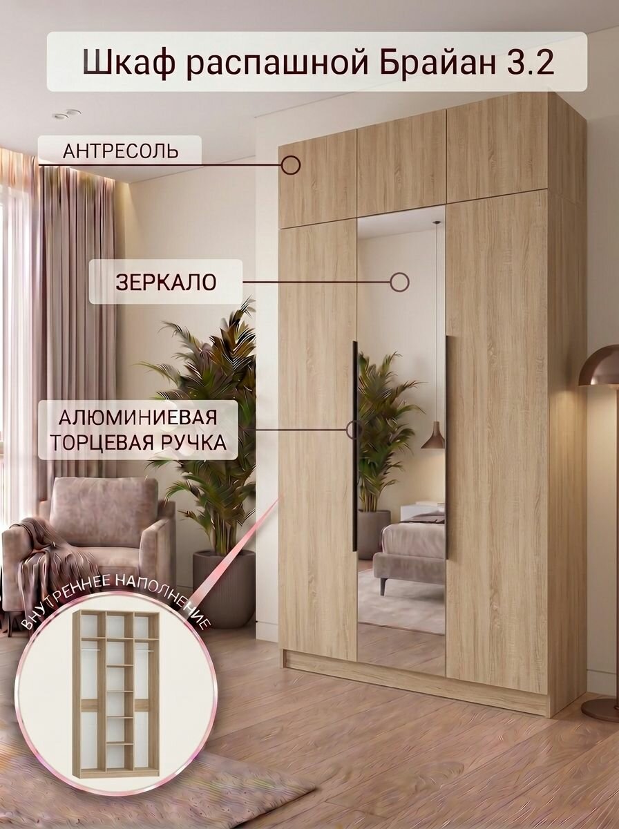 Распашной шкаф с зеркалом Брайан 3 140-55-230 дуб сонома платье-белье-платье