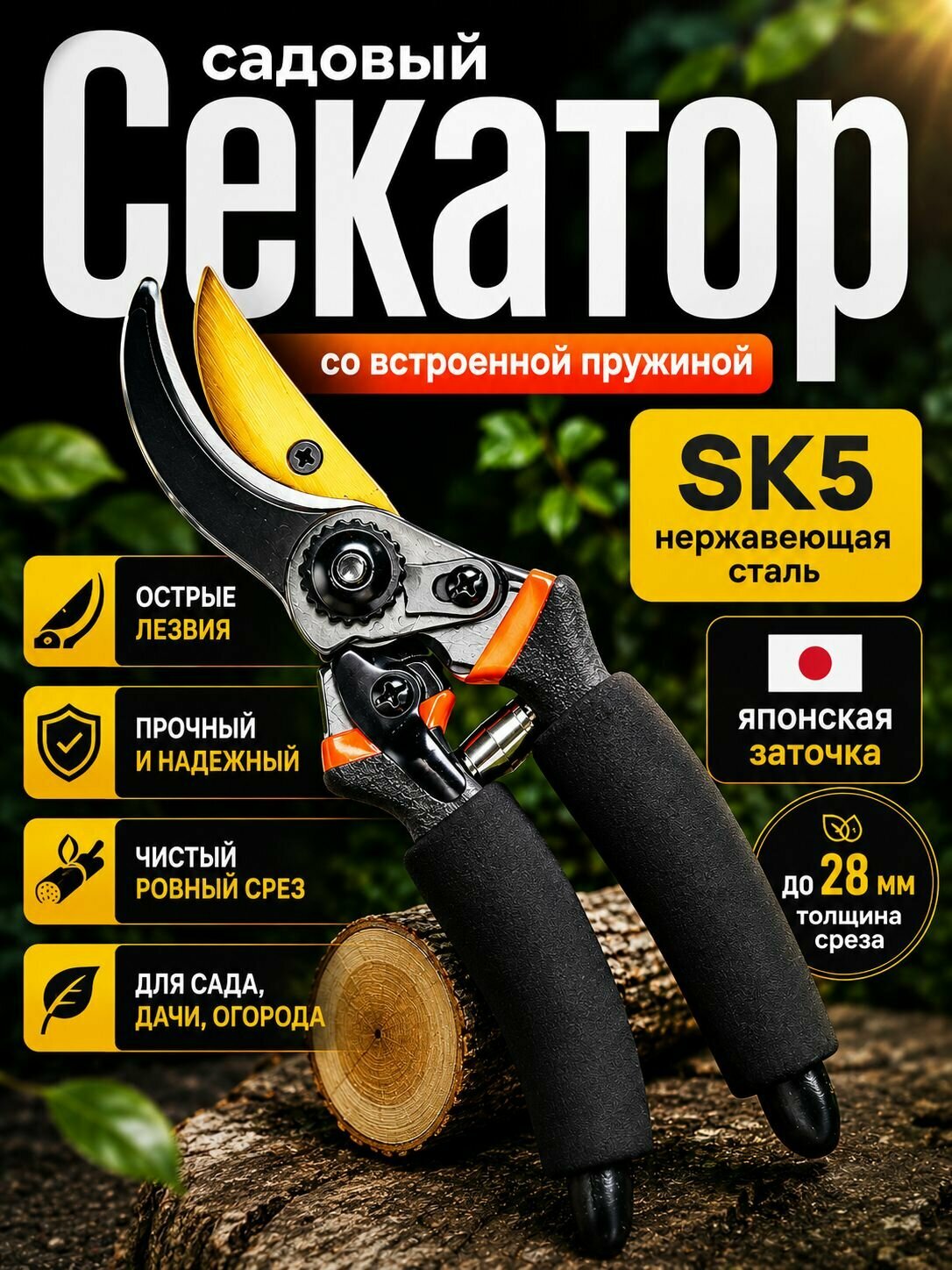 Секатор садовый профессиональный, ручной для обрезки веток, растений, деревьев, пластик, сталь и кустов, универсальный