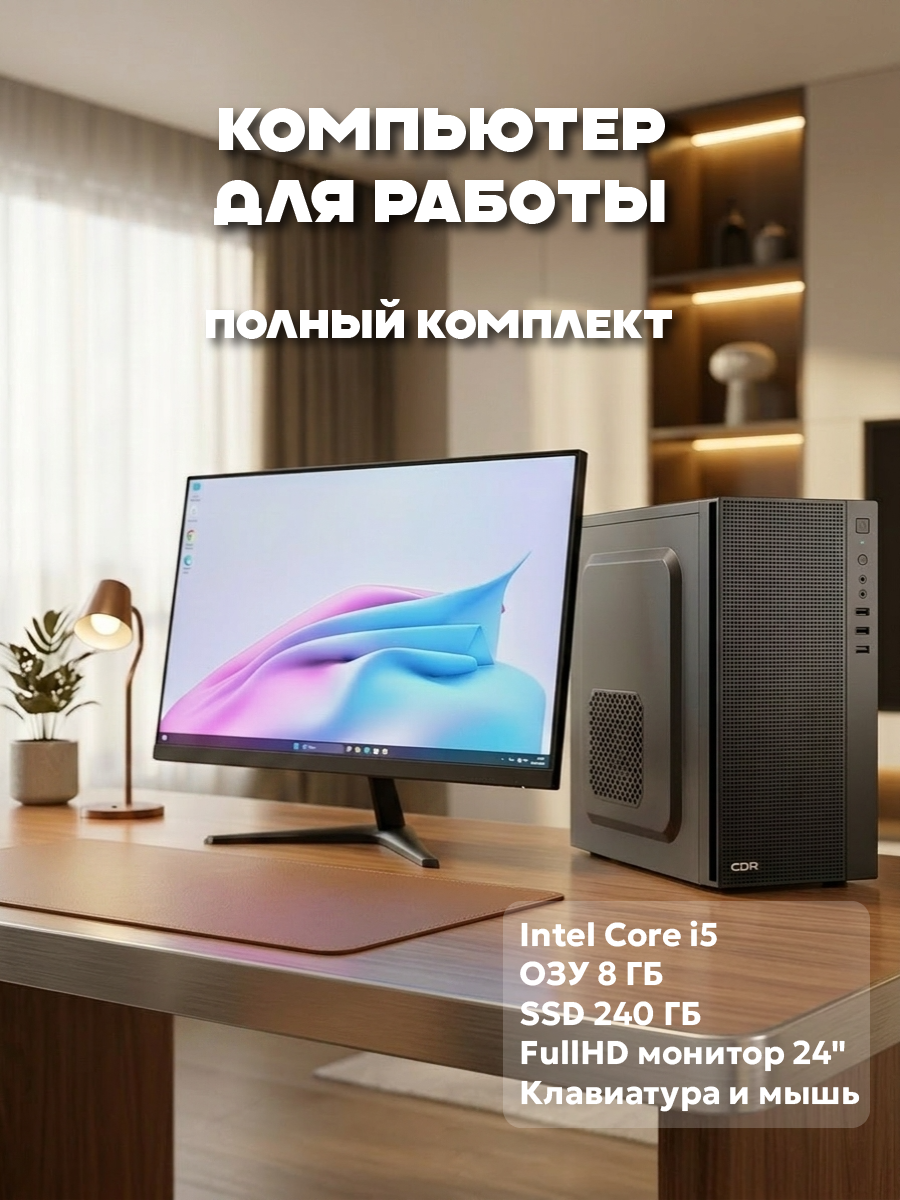 Компьютер Intel Core i5, 8GB, SSD 240GB, монитор 24" для работы