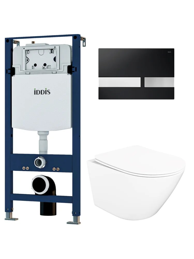Комплект 4 в 1: Инсталляция IDDIS Профикс (Profix) PRO0000i32 / Унитаз подвесной STWORKI Левангер S07401WH безободковый, с микролифтом / Кнопка Юнификс (Unifix) UNI06BCi77, Комплект креплений