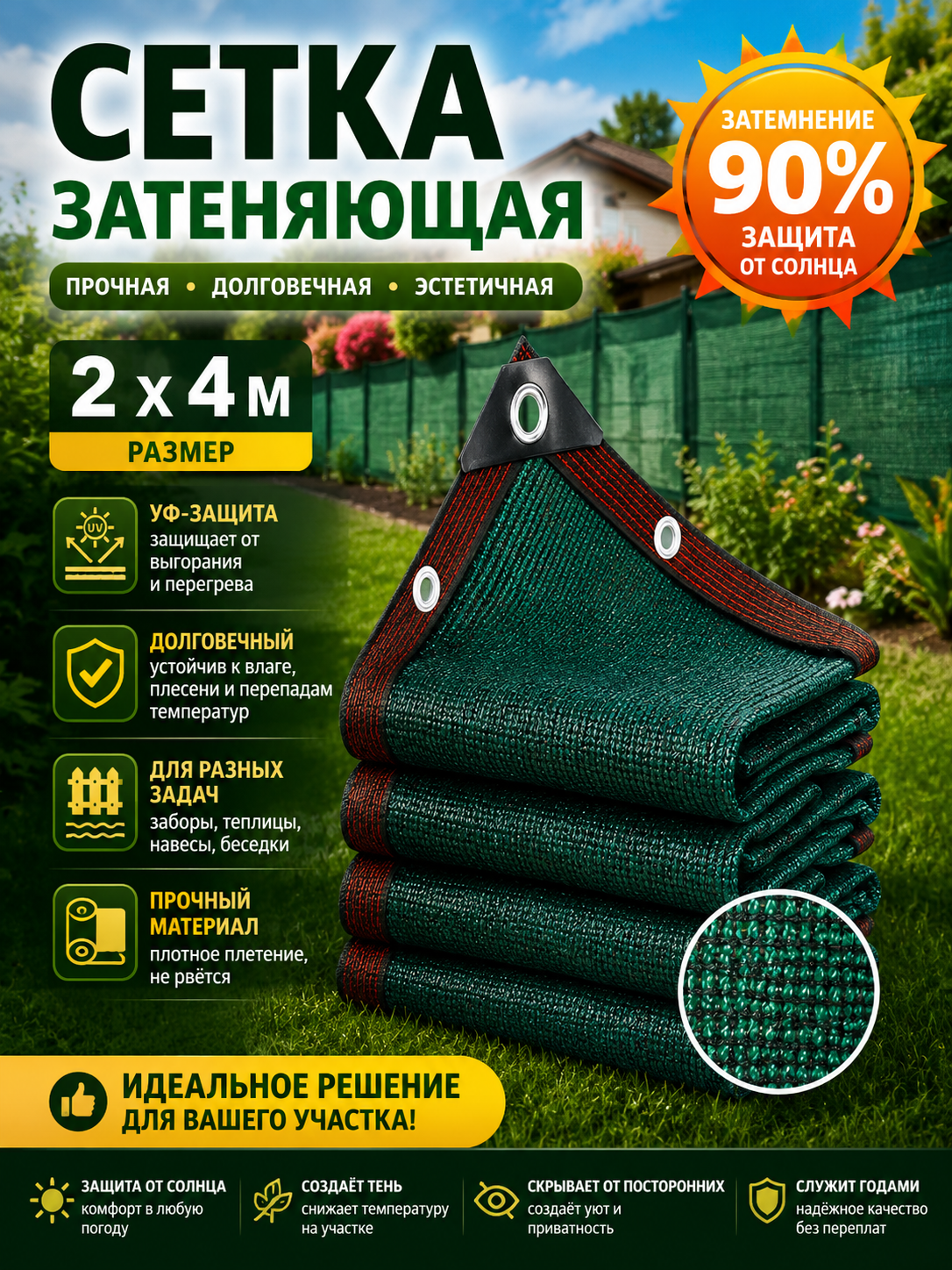 Садовая затеняющая сетка 4х2 м, полиэтилен 80 г/кв. м, тёмно-зелёная, защита от солнца для участка и ферм