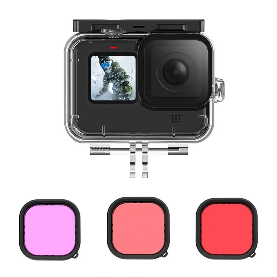Аквабокс и фильтры Telesin для GoPro Hero 12 11 10 9 (Magenta, Purple, Red), водонепроницаемый чехол для дайвинга 45 м, GP-WTP-904
