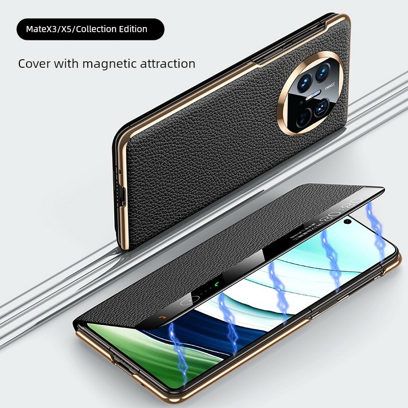 Чехол для Huawei Mate X7 с магнитной крышкой и полной защитой камеры, элегантная черная, премиальная кожа верхнего слоя