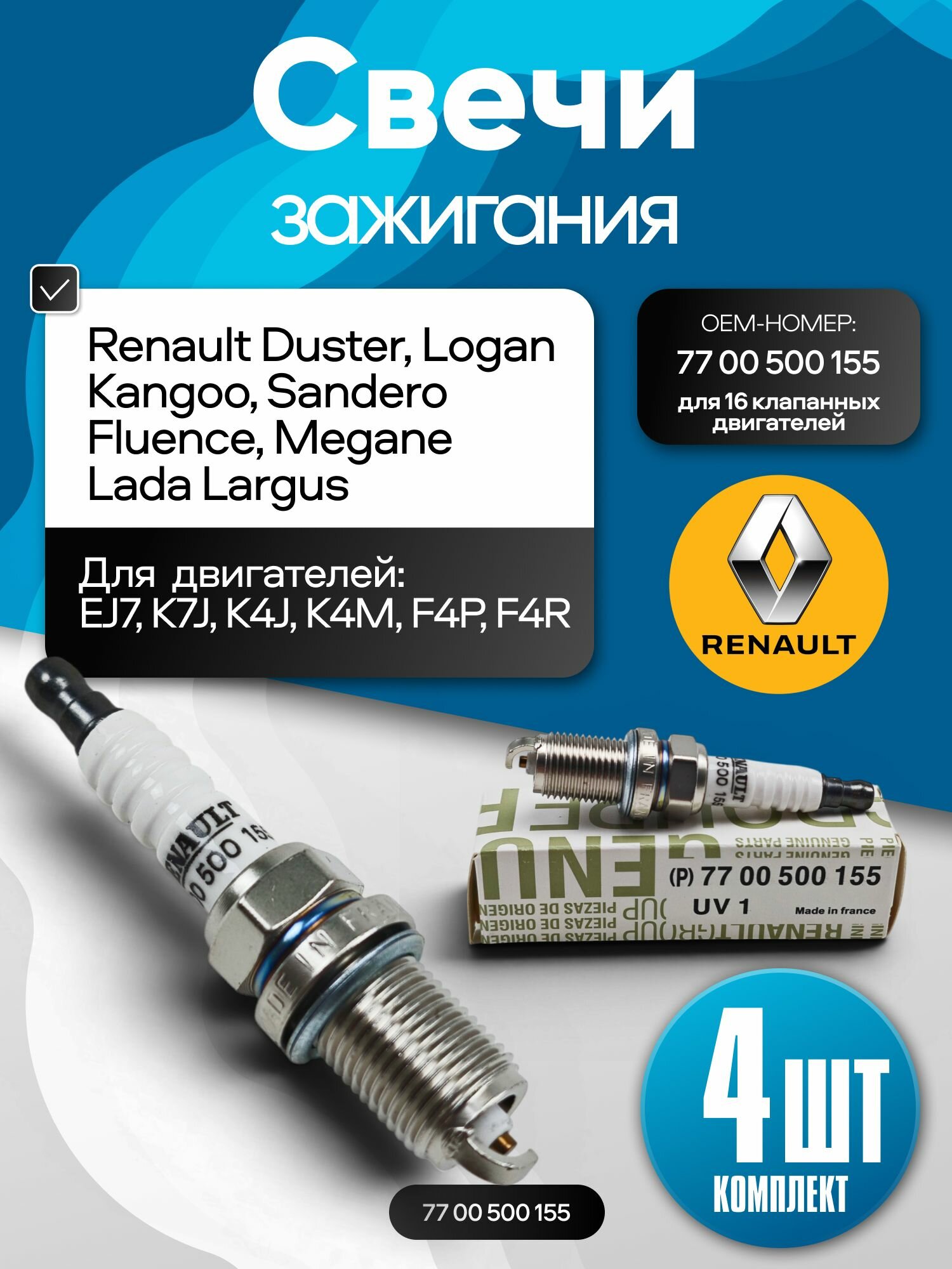 Свечи зажигания Renault 7700500155 для двс K4M, F4R