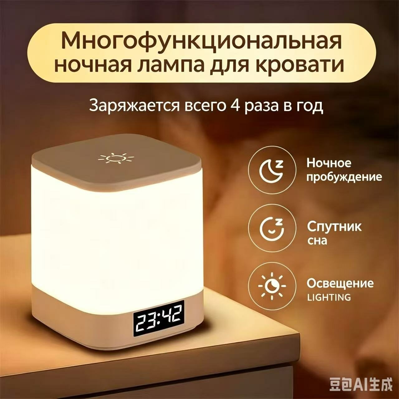 Ночник-Часы "Heart-Shaped", сенсорный, перезаряжаемый, 9 см х 9 см, белый