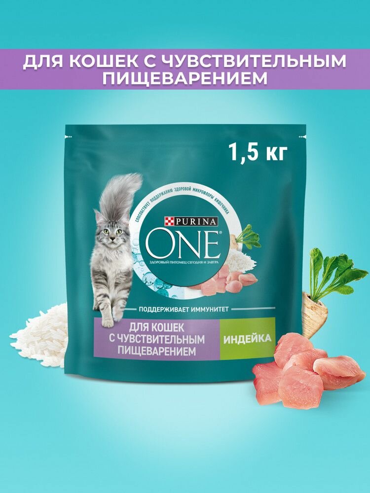 Сухой корм для кошек Purina ONE при чувствительном пищеварении, с индейкой и рисом, 1,5 кг чувствительное пищеварение индейка рис