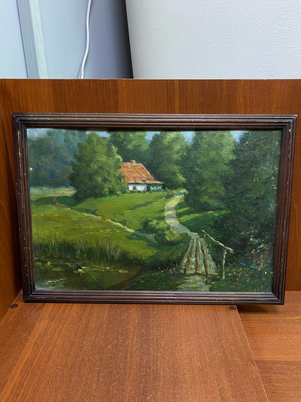 Картина маслом на картоне "Домик в лесу" 1978 год СССР в рамке 54 на 38 Красивая! Винтаж!
