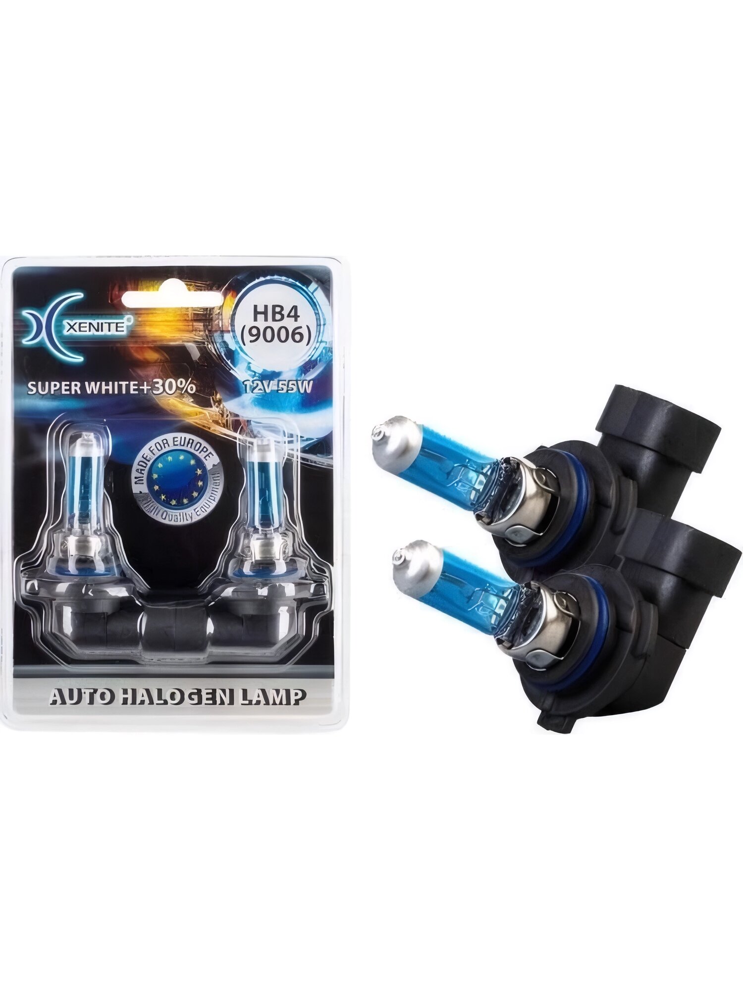 Комплект галогенных ламп Xenite +30% 9006/HB4 (1007041) - мощность 55W, рабочее напряжение 12V, на 30% больше света, цветовая температура 4000К