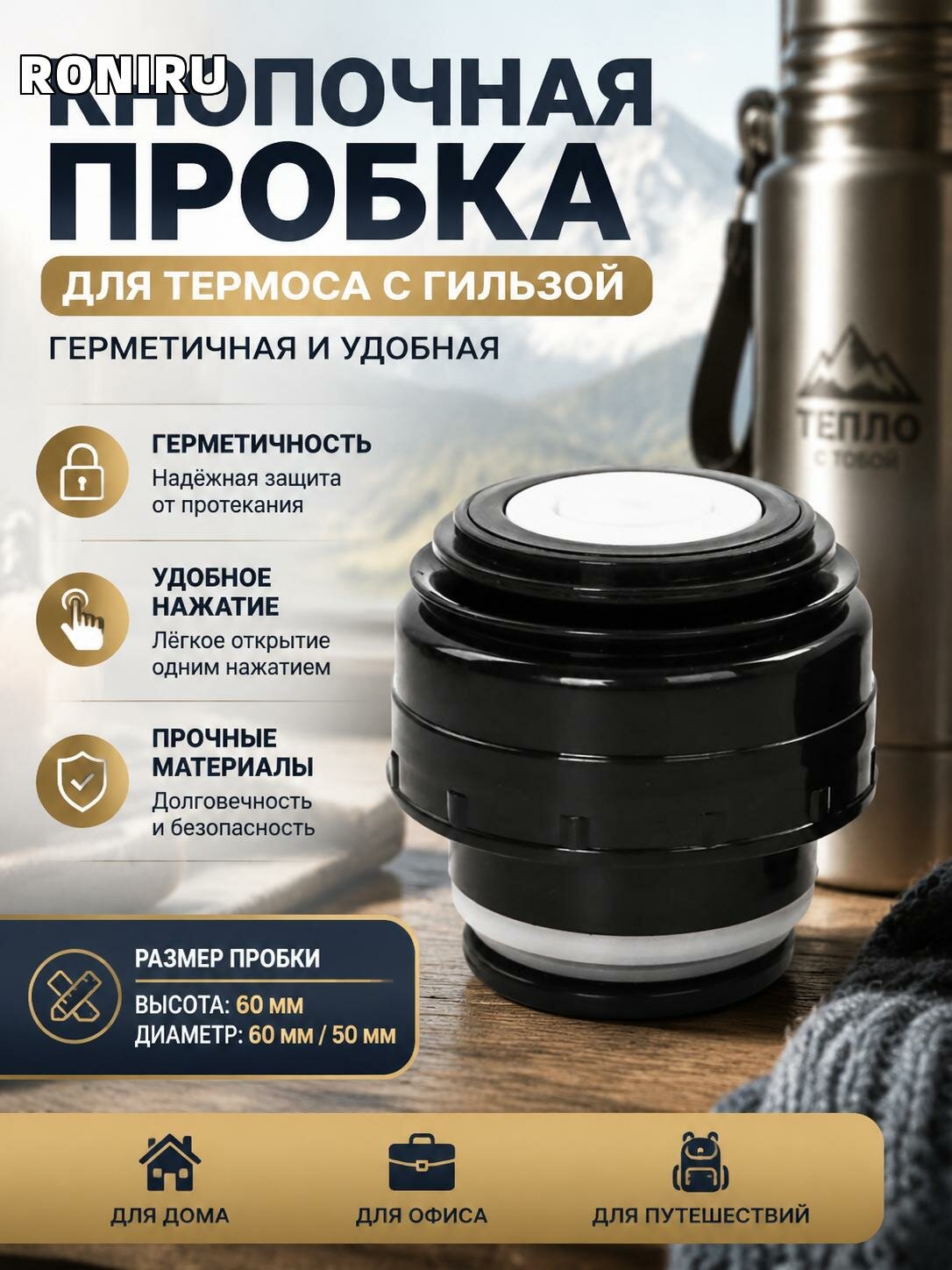 Кнопочная пробка для термоса с гильзой — герметичная и удобная пробка для термосов, для дома, офиса и путешествий