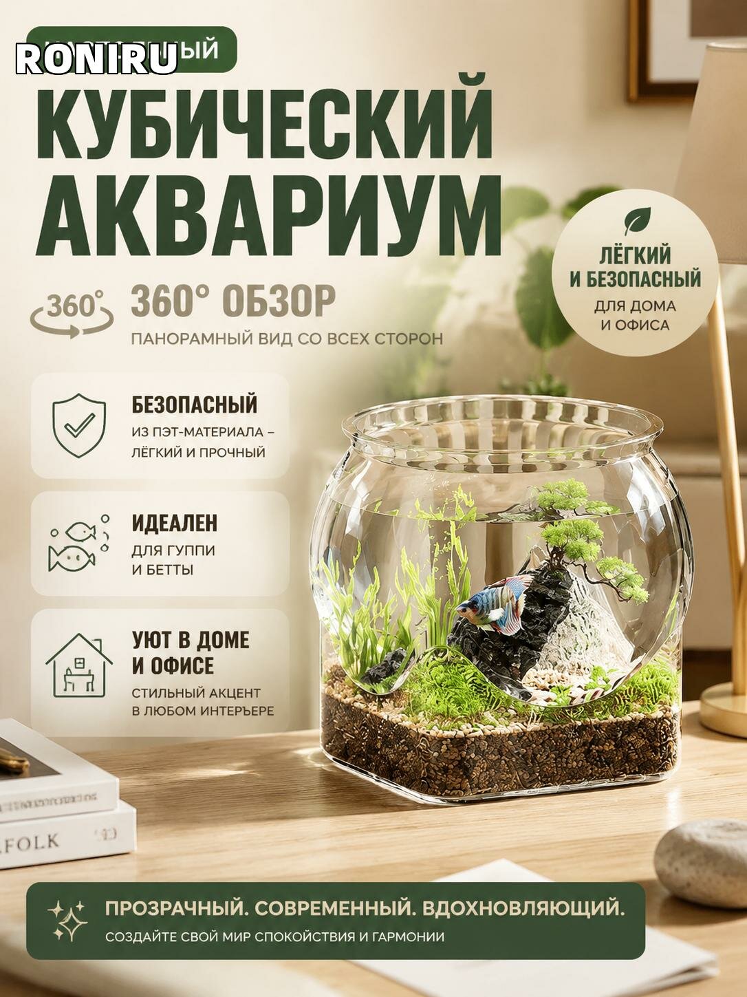 Настольный кубический аквариум ПЭТ 360° обзор — уютный домик для гуппи и бетты, лёгкий и безопасный в доме и офисе