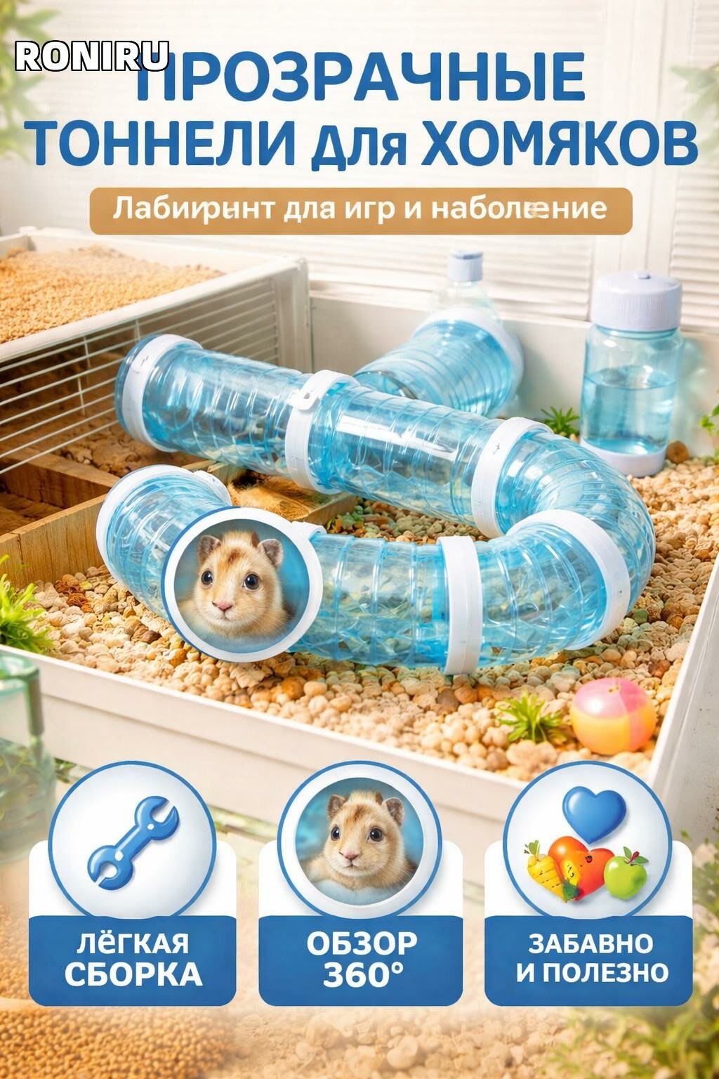 Клетка для хомяков с прозрачными яркими туннелями — модульный лабиринт для игр и наблюдения подарок детям и питомцу
