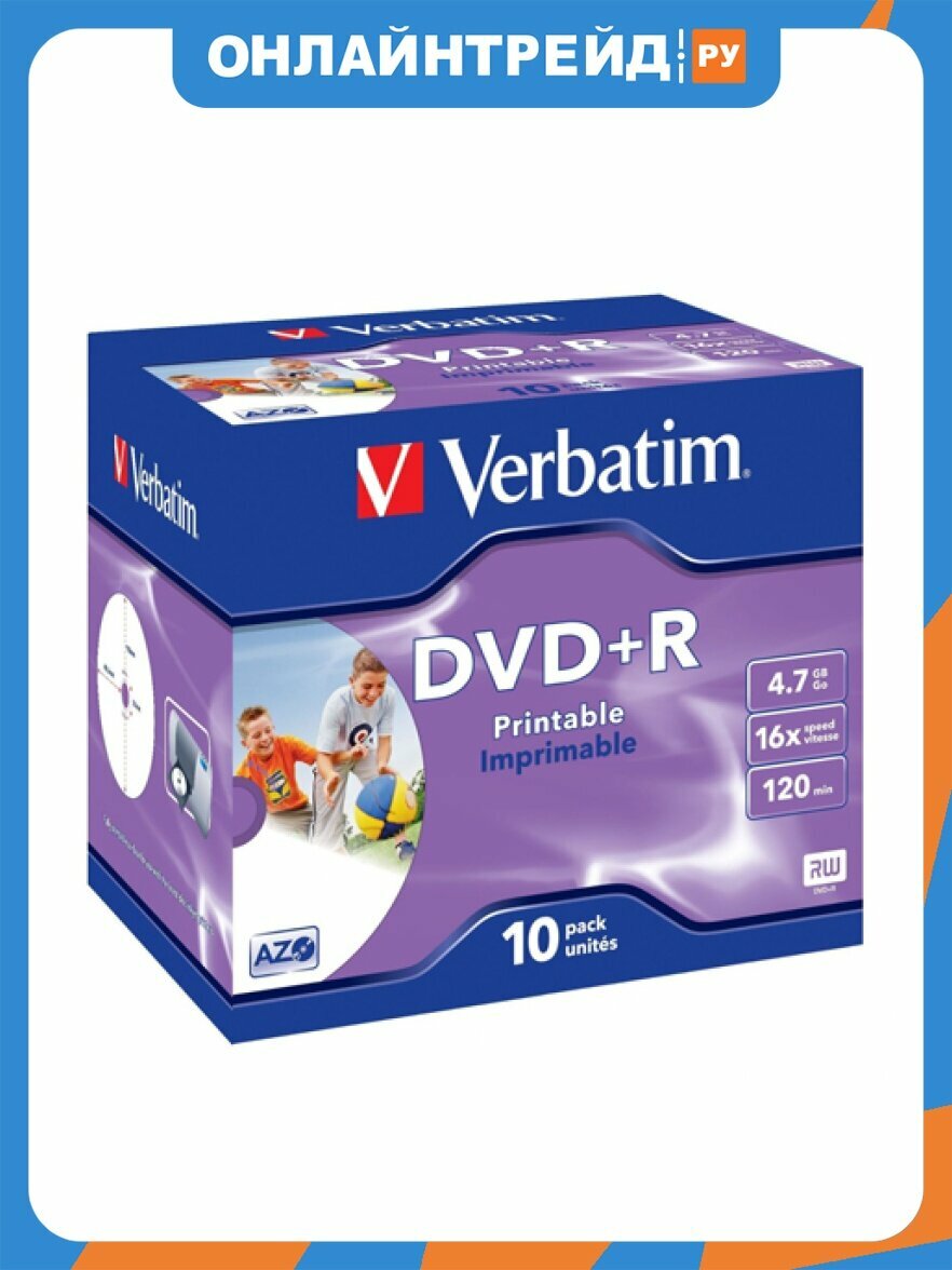 Диск Verbatim DVD+R 4.7Gb 16x Jewel case (10шт) Printable (43508)