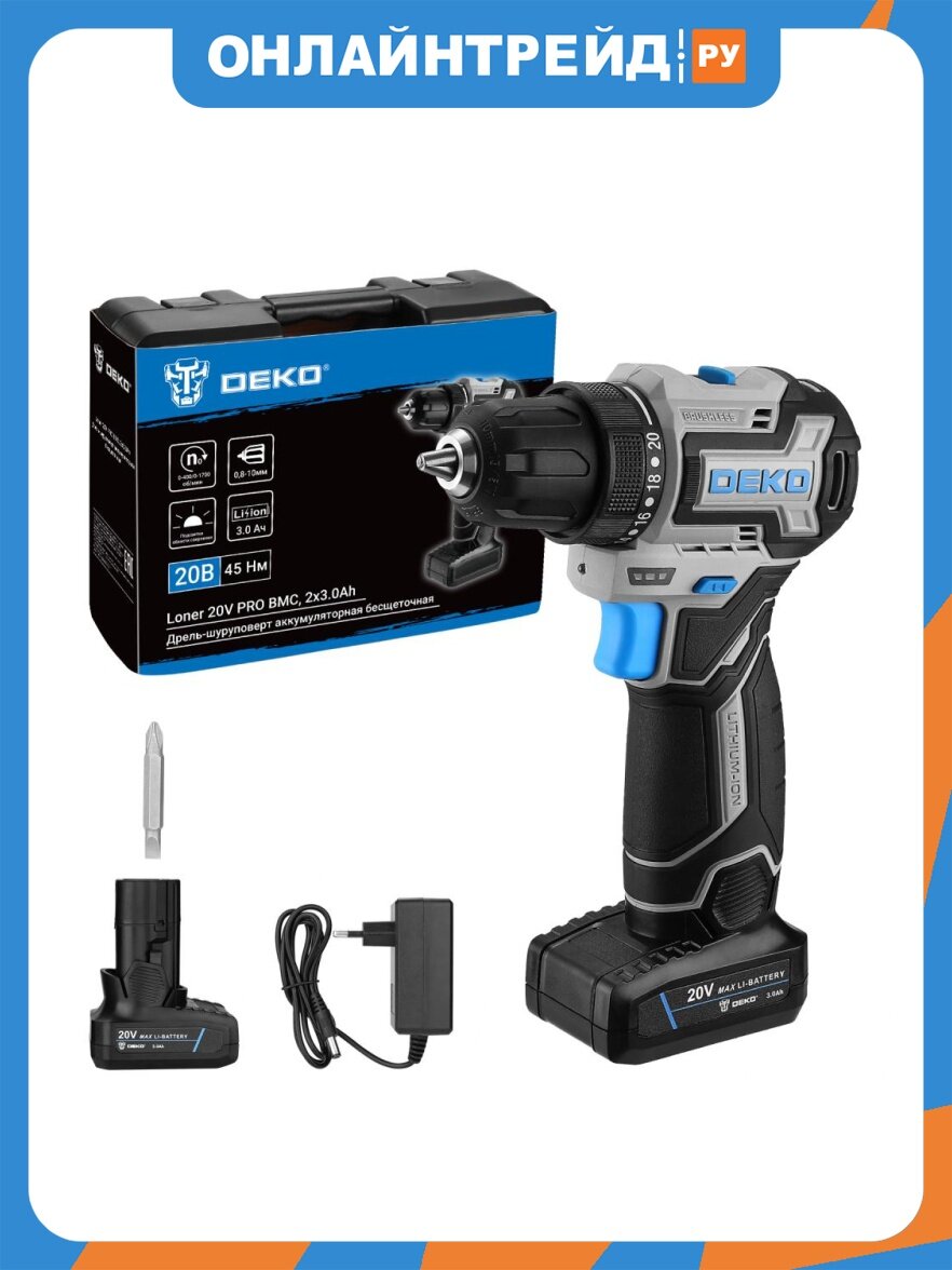 Дрель-шуруповерт аккумуляторная компактная Deko Loner 20V PRO в кейсе, 20В, 2x3.0Ач (085-1010)
