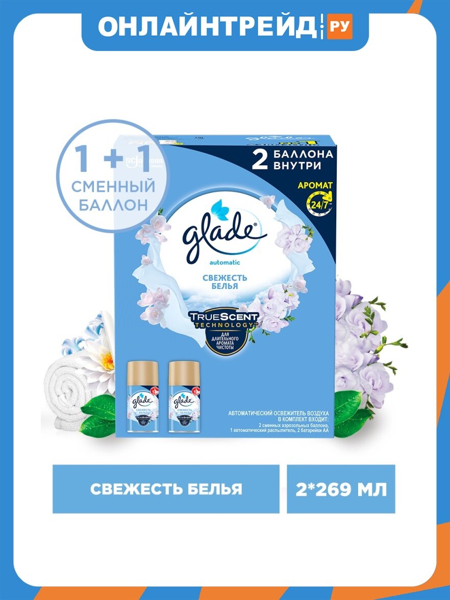 Автоматический освежитель воздуха Glade Automatic Свежесть белья, основной блок, 2 сменных баллона, 2*269 мл