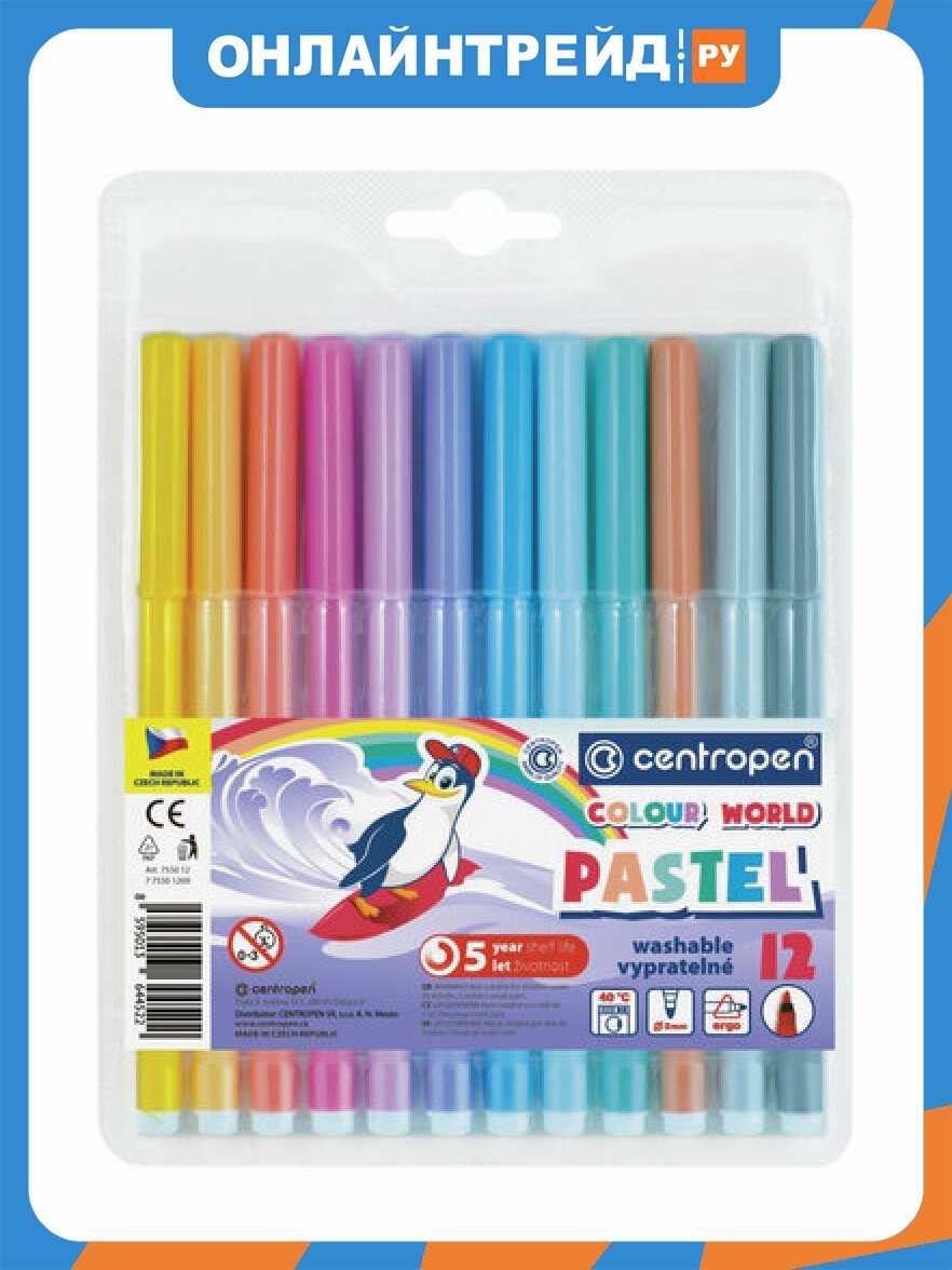 Фломастеры Centropen пастельные 12 цветов "Colour World Pastel", смываемые, 7550/12TP, 7 7550 1287