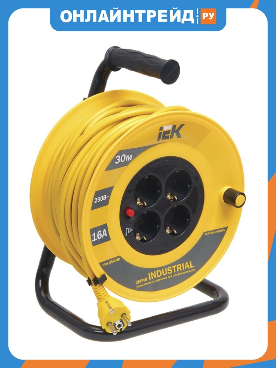 Удлинитель силовой на катушке Iek УК30 с т/з 4 места 2P+PE/30м 3х1,5 мм2 "Industrial", WKP15-16-04-30