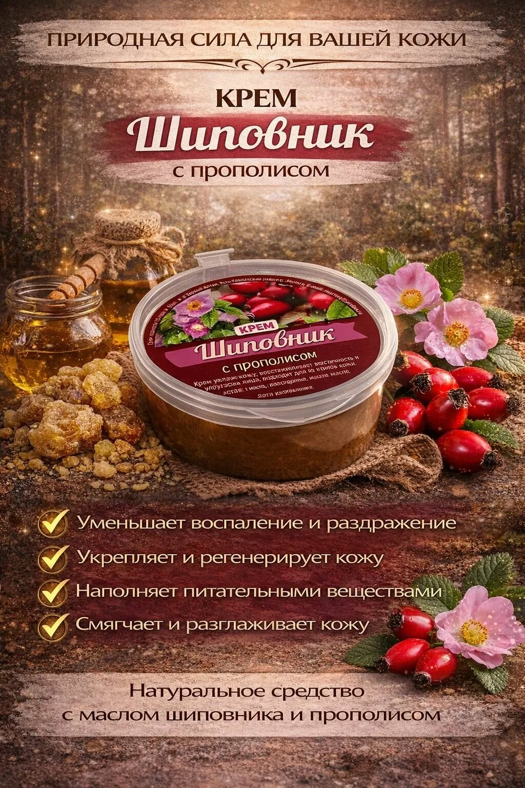 Крем для лица Шиповник с прополисом, 50мл.