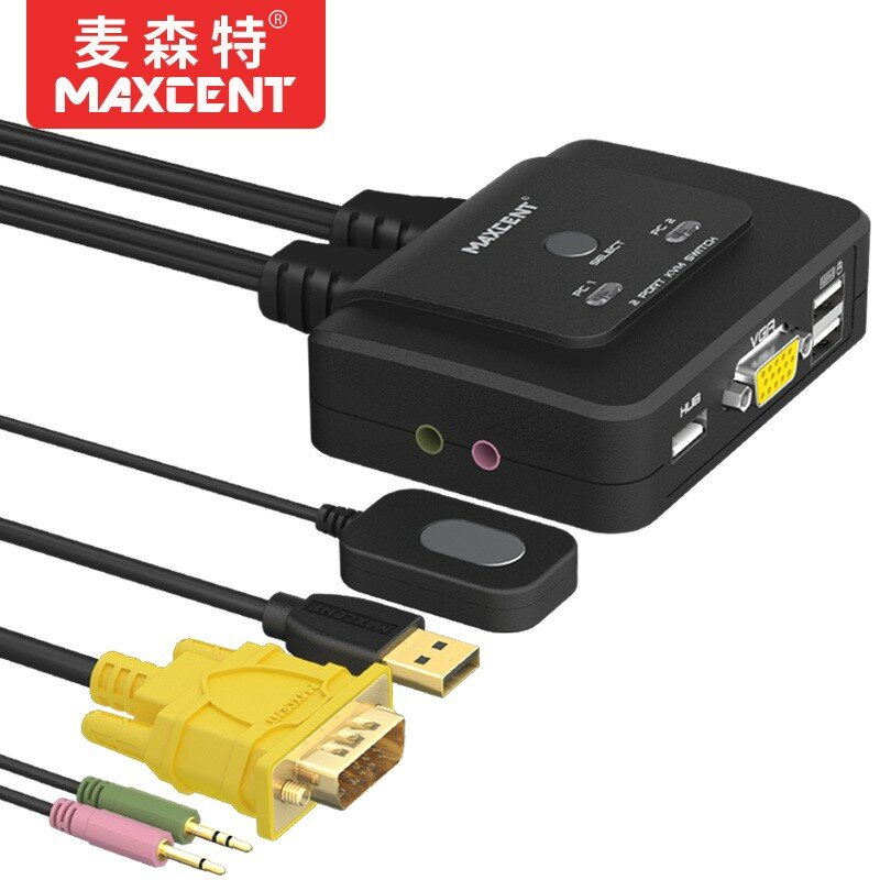 MAXCENT 2-портовый KVM-переключатель с аудио и поддержкой USB-устройств для мыши и клавиатуры Модель：2-портовый VGA с