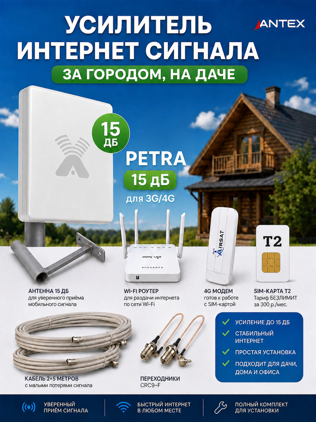 Готовый комплект для усиления мобильного 3G 4G LTE интернета на даче, за городом с мощной антенной 15dBi, роутером WIFI, кабелем , модемом, кронштейном и сим картой T2 безлимит.