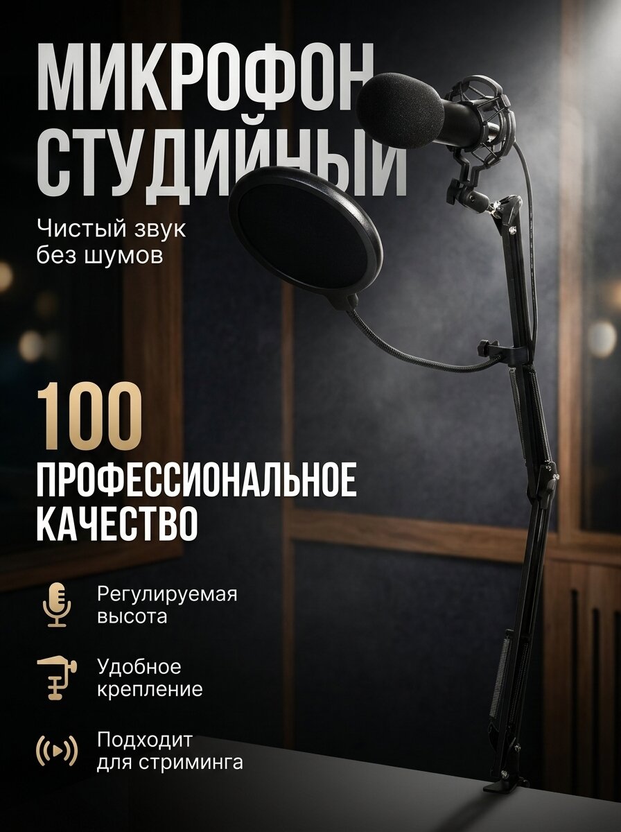 Микрофон Music Life, конденсаторный, с поп-фильтром, для студий