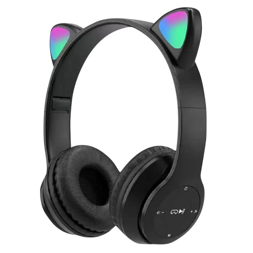 Беспроводные Bluetooth-наушники с подсветкой в виде кошачьих ушей, чёрные