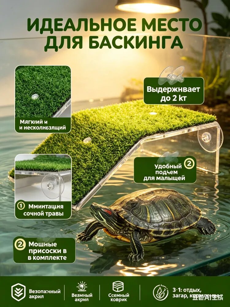 Островок для черепах на присосках с искусственной травой, мостик в аквариум для водной черепахи - берег для баскинга и отдыха, терраса для рептилий с имитацией газона.