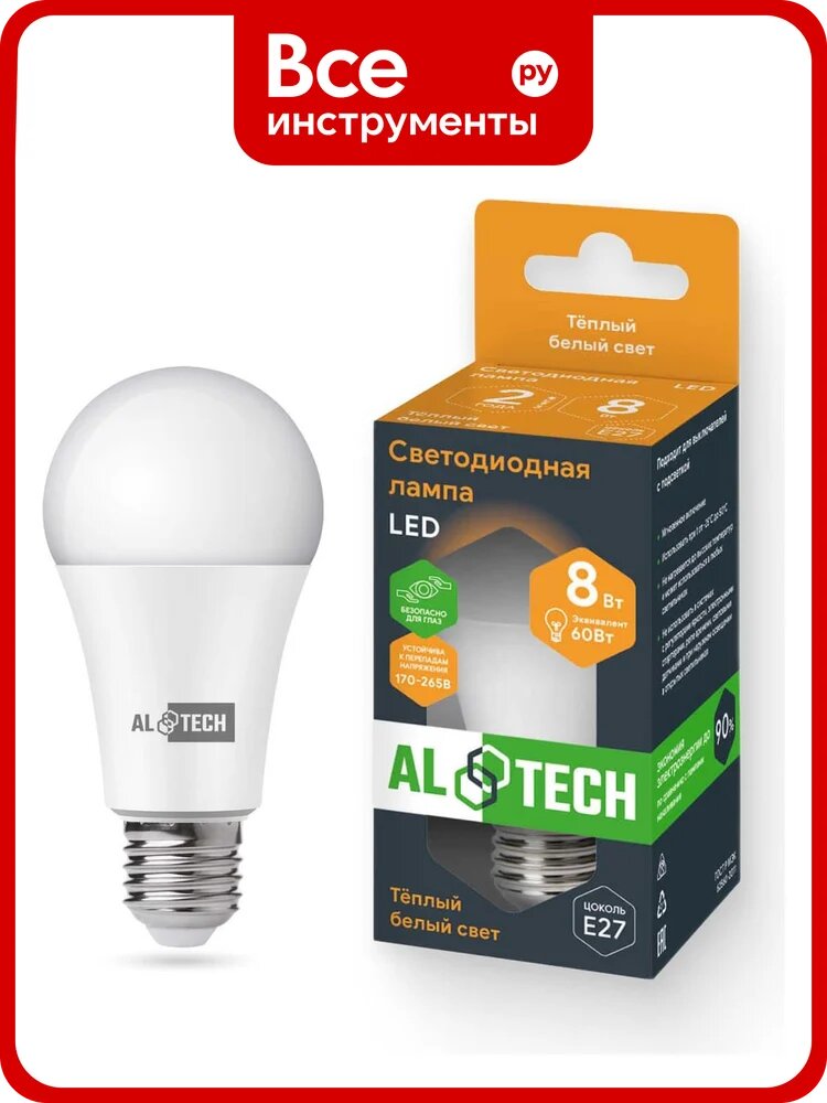 Лампочка светодиодная ALTECH LED Р60-8W-830-E27 8Вт груша теплый белый свет 4673758070180