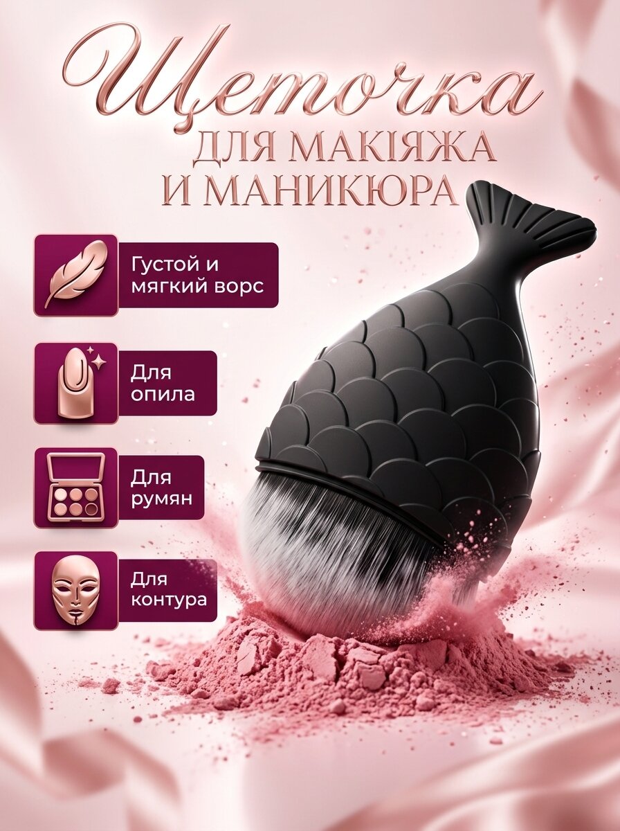 Кисть для макияжа, для маникюра, кисточка, кисть-рыбка, щеточка, косметическая, MAKE UP, для нанесения и растушевки
