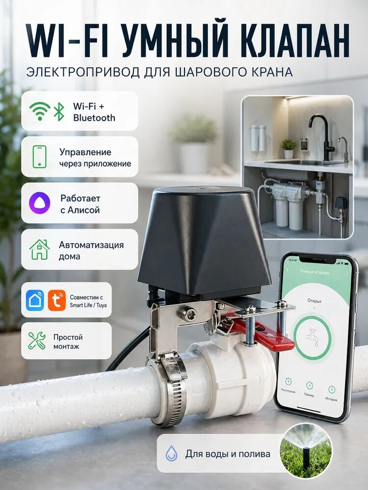 Электропривод для шарового крана WiFi Smart Life умный кран с Алисой / WI-Fi + Bluetooth