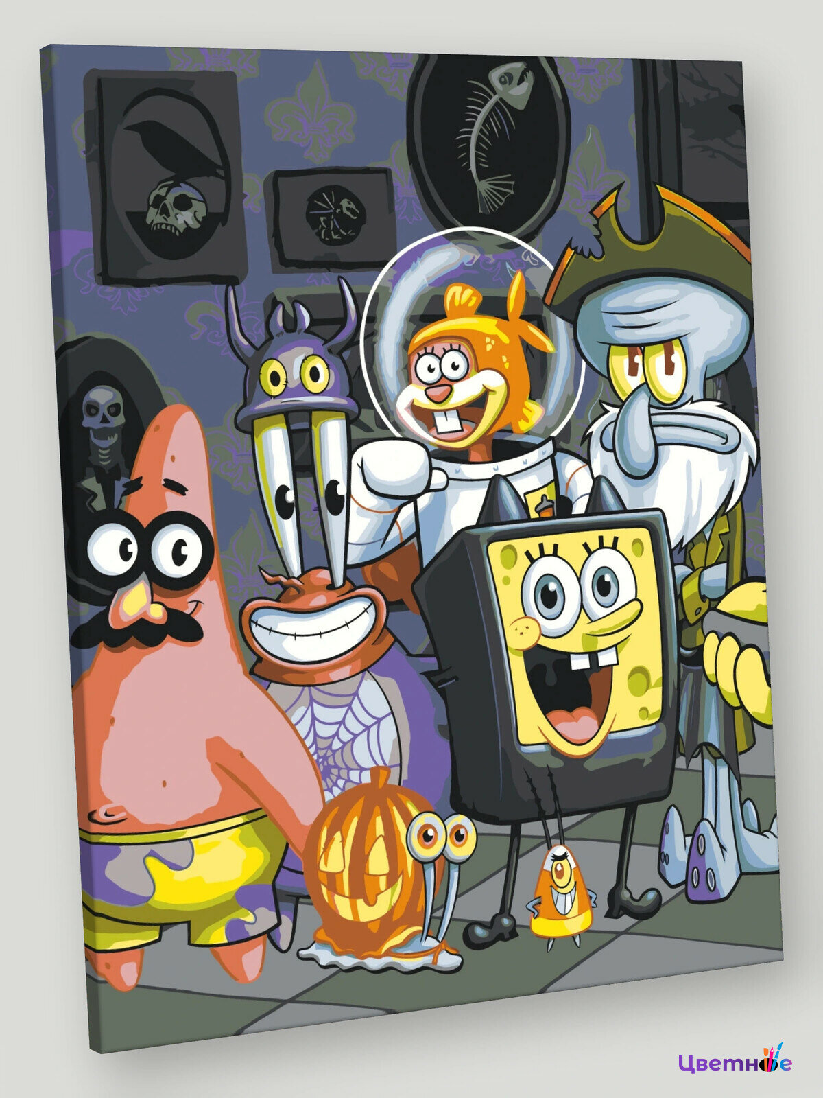 Картина по номерам на холсте с подрамником "Губка Спанч Боб и друзья: Хэллоуин", Раскраска 40x50 см, Мультфильмы