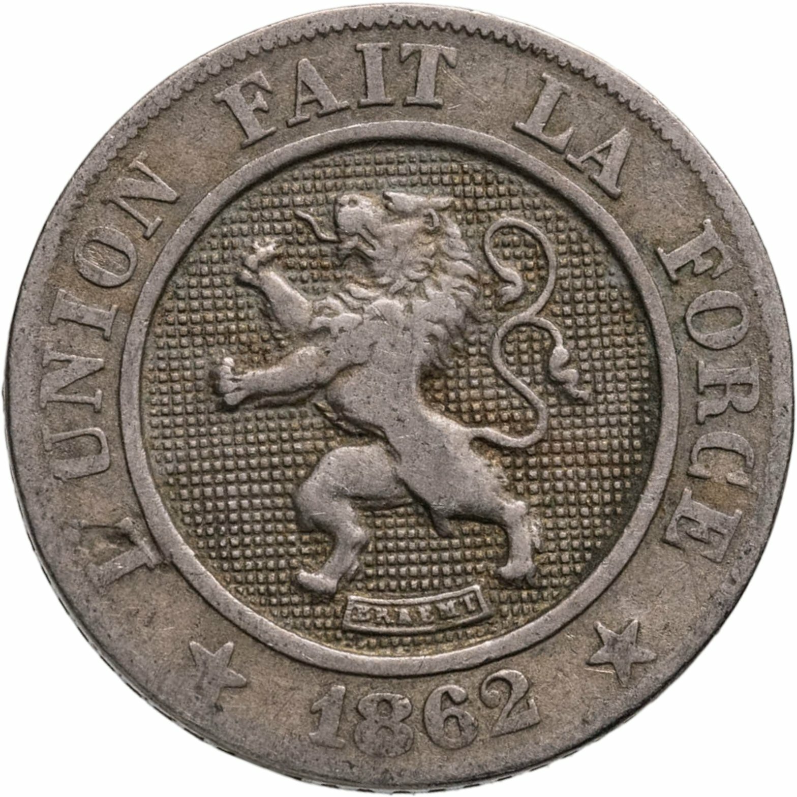 Бельгия 10 сантимов centimes 1862, Мельхиор медь-никель, в сохранности VF