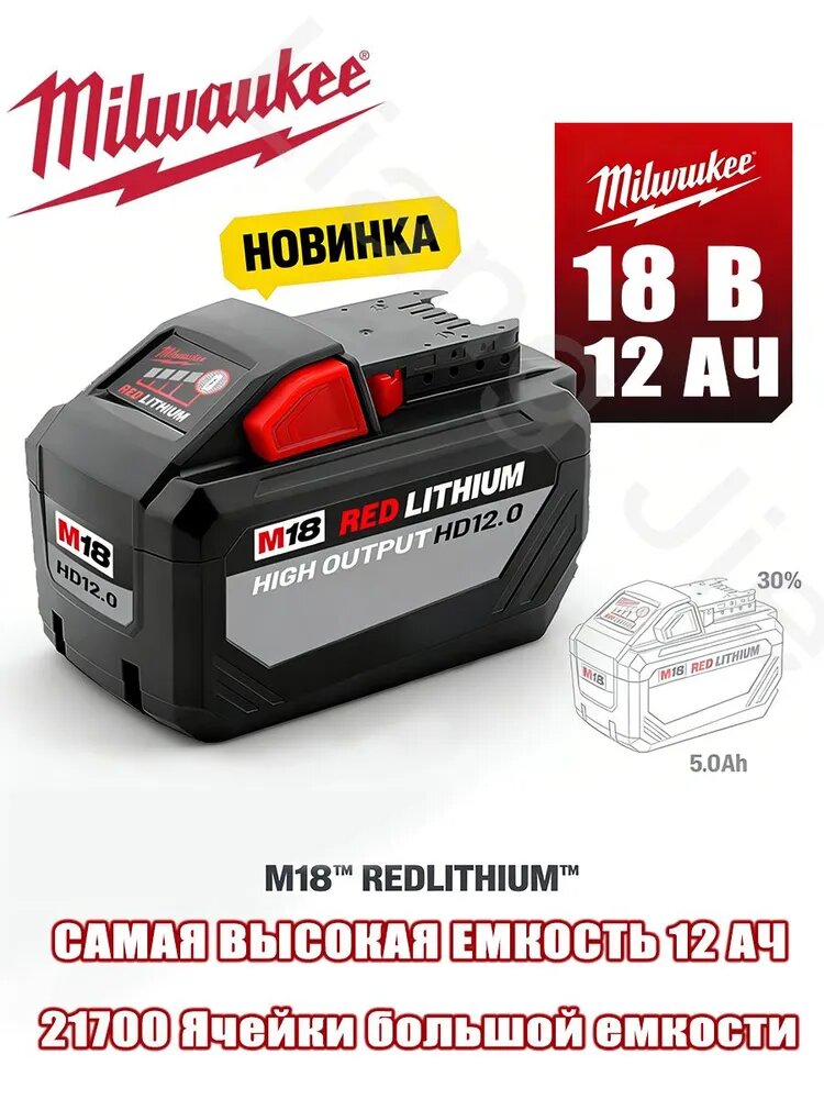 Milwaukee M18 HD12.0 Красный литиевый аккумулятор, Высокая производительность, HD12 18V 12.0Ah литий-ионная аккумуляторная батарея для замены электроинструмента M18 48-11-1813