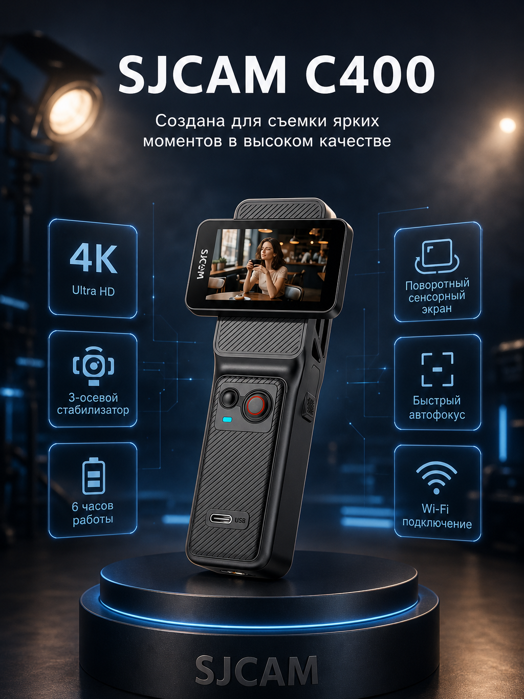 Экшн-камера SJCAM C400, "3 в 1", 16 МП, 4K UHD, Wi-Fi, черная