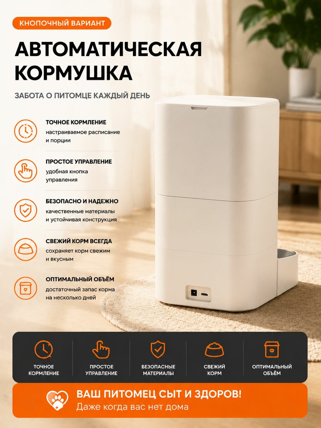 Автоматическая кормушка для животных с камерой и управлением через приложение, 6.5 л, белая