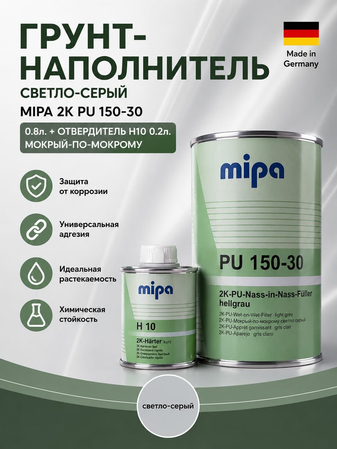 Грунт-наполнитель светло-серый 0.8 л. Mipa 2K PU 150-30 полиуретановый мокрый-по-мокрому + Отвердитель H10 0.2 л. Комплект.