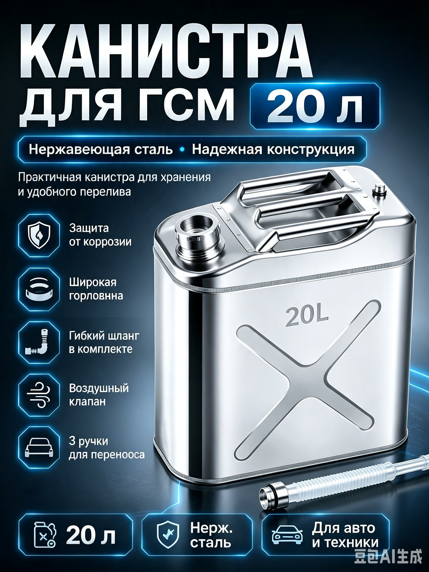 Канистра, для ГСМ 20л, нержавеющая сталь, серебристая, вертикальная