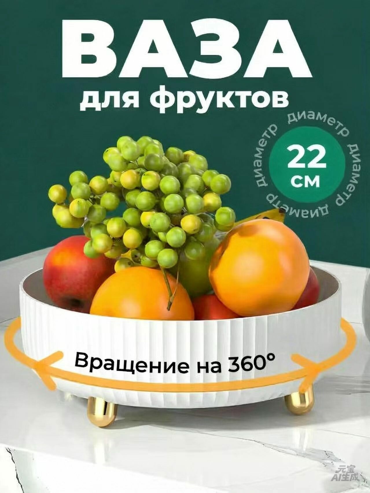 Фруктовница ваза вращающаяся для фруктов Shiny Kitchen, белая, 22см