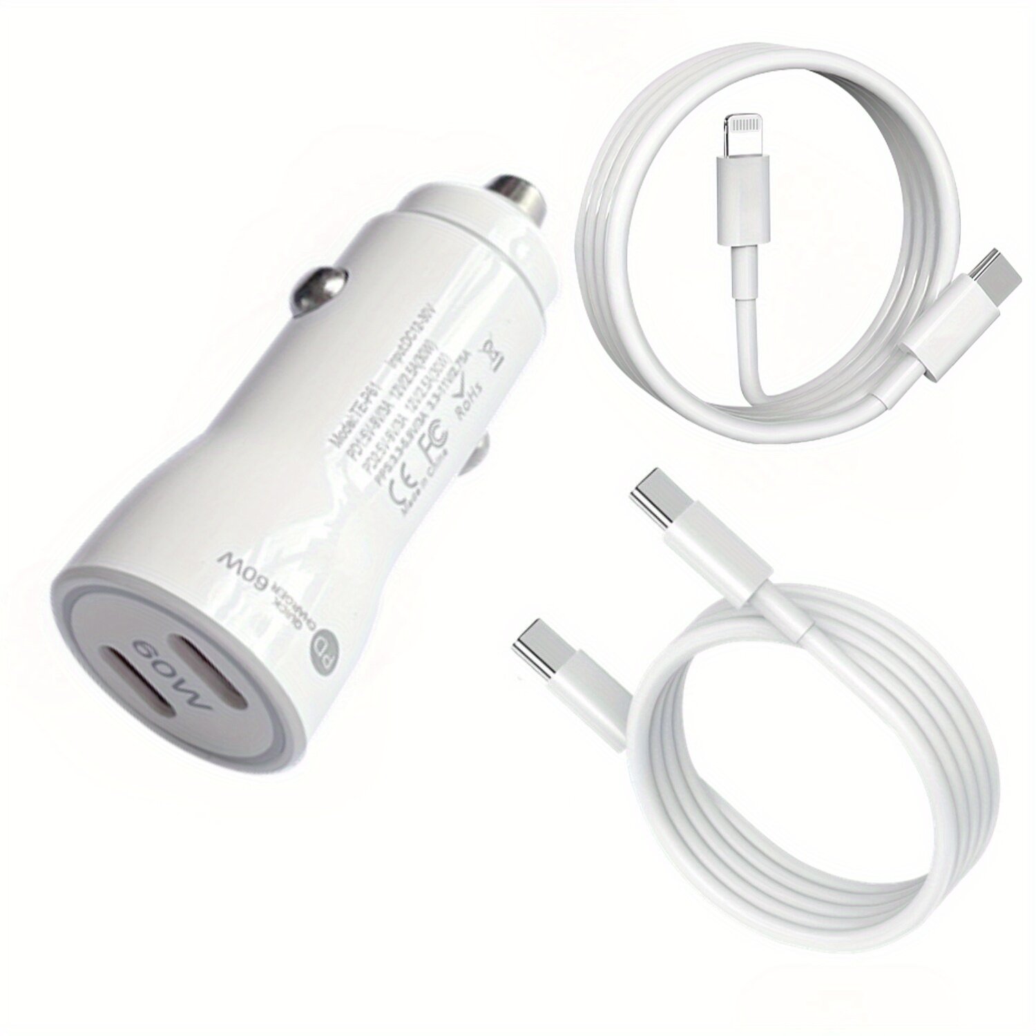 Автомобильное зарядное устройство с быстрым зарядом, разъем USB Type-C, 60 Вт, два порта, кабели USB-C на USB-C и USB-C на Lightning, белый цвет, длина 39,37 дюйма, 2 шт.