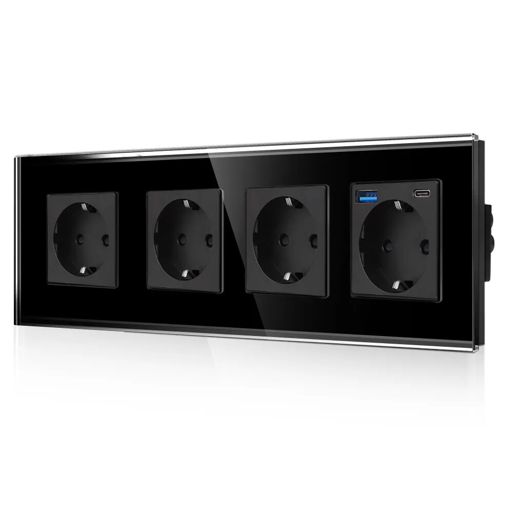 Розетка четверная с usb и type C, c заземлением , черная стеклянная
