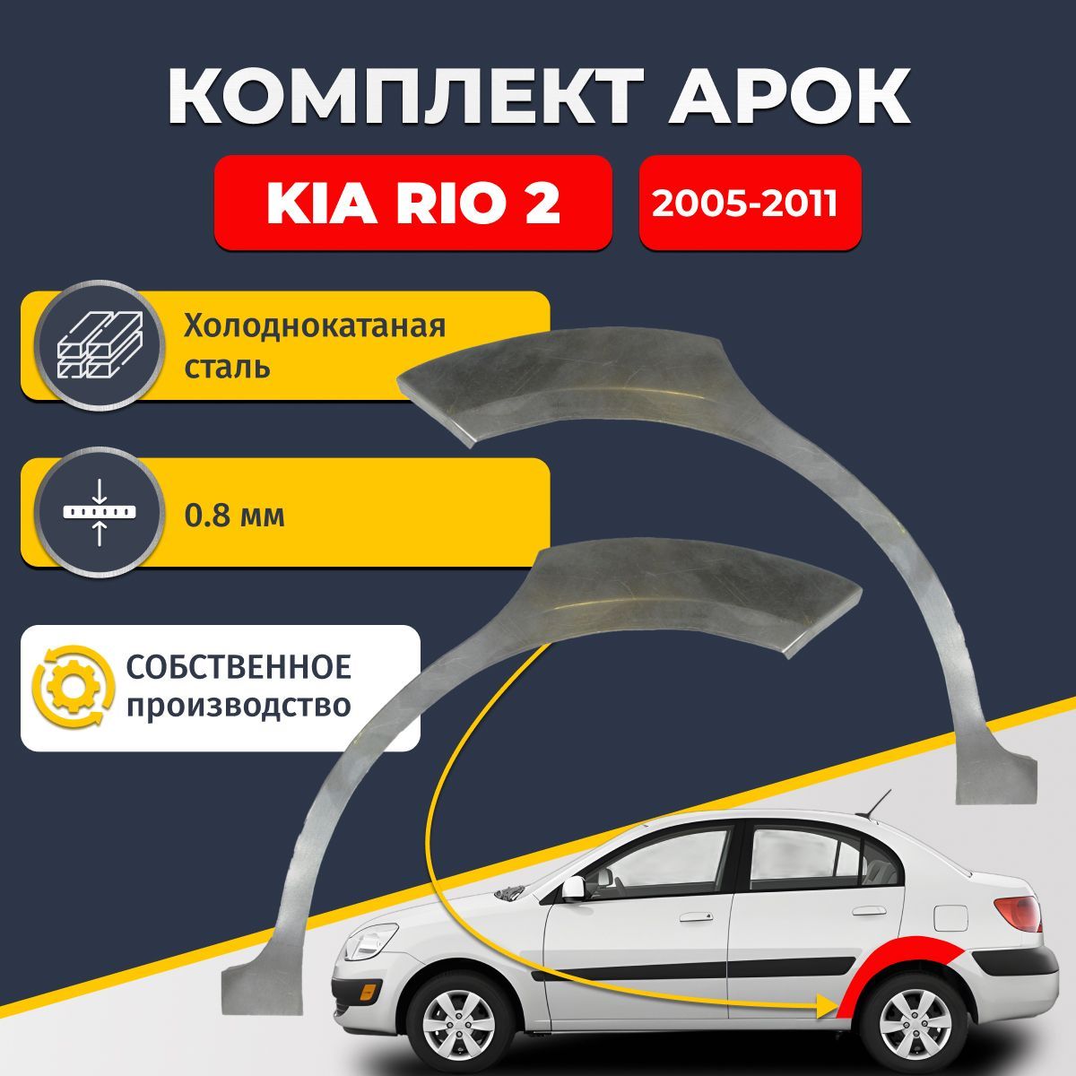 Комплект задних ремонтных арок для автомобиля (2 шт.), Kia Rio 2005-2011 седан 4 двери (Киа Рио 2). Холоднокатаная сталь 0,8мм.