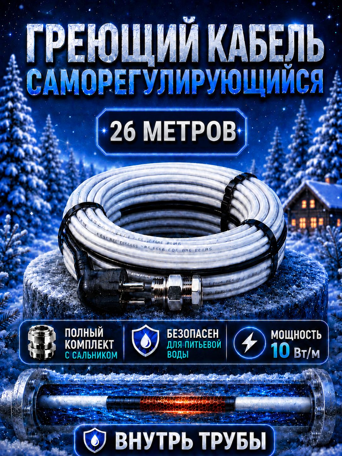 Греющий кабель в трубу водопровода саморегулирующийся 26м - 10 Вт/м комплект