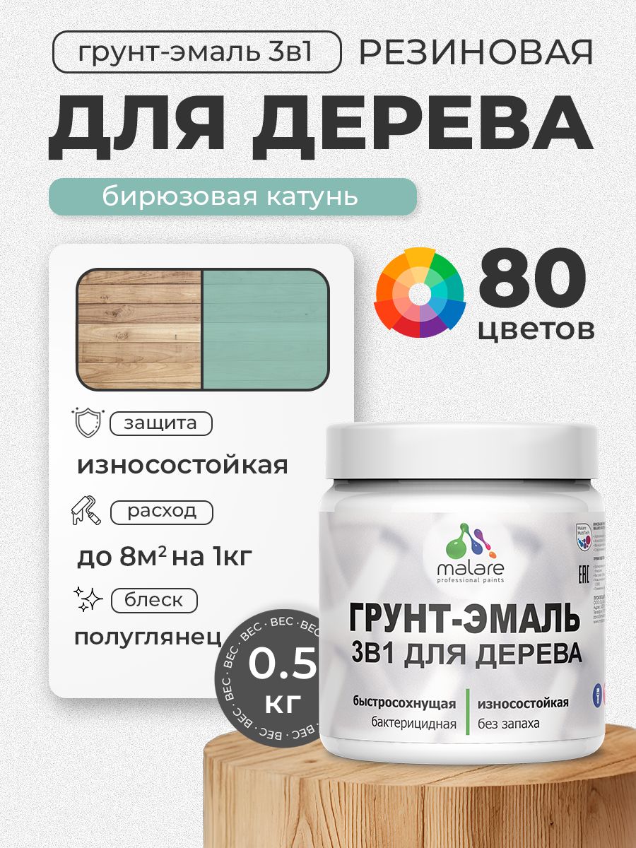 Резиновая Грунт-Эмаль 3 в 1 Malare для деревянных поверхностей/ краска по дереву с антисептическим эффектом/ быстросохнущая моющаяся без запаха полуглянцевая, бирюзовая катунь, 0.5 кг