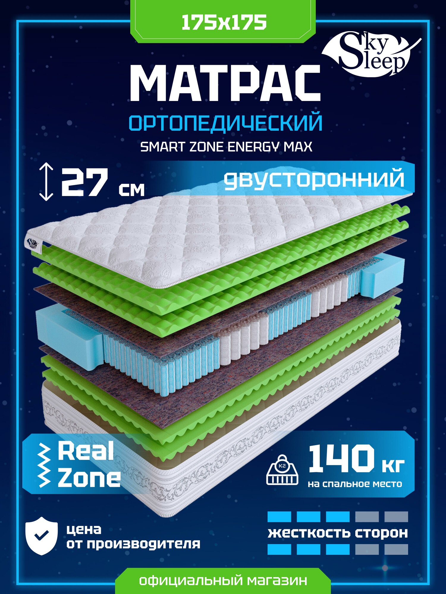 Матрас SkySleep SMART ZONE Energy Max на кровать 175x175 см двуспальный независимые пружины холлофайбер